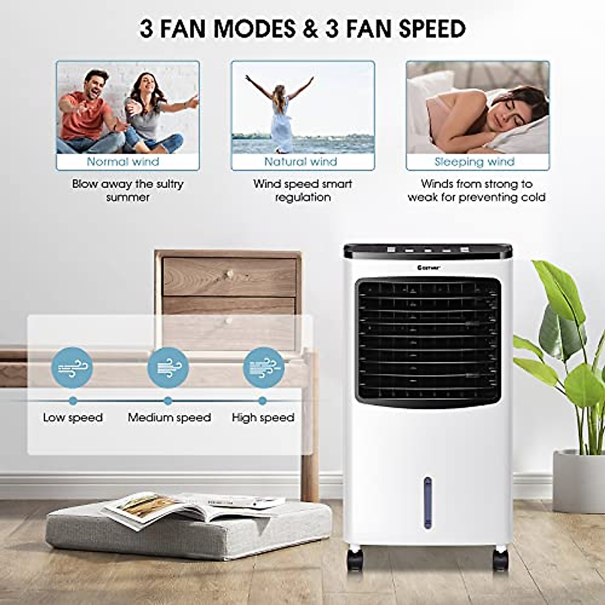 COSTWAY Evaporative Cooler, Portable Cooling Fan with Remote Control, 3-Mode, 3-Speed and 7.5H Timer Function, Water Tank and Casters, Bladeless Air Cooler for Home Office (White)