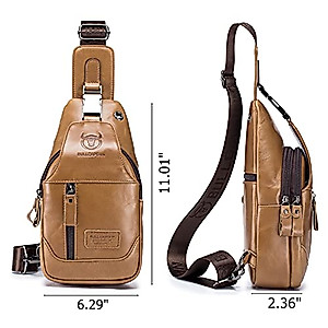 BULLCAPTAIN Genuine Leather Men's Sling Shoulder Backpack Multi-pocket Crossbody Chest Bags Travel Hiking Daypack with Earphone Hole (Yellowish brown)