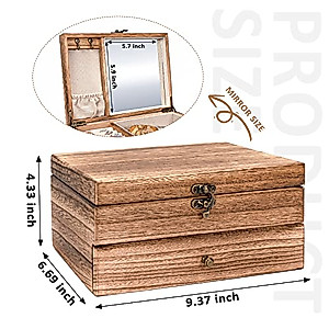 Emfogo Jewelry Box for Girls Women, 2 Layer Rustic Wooden Jewelry Boxes & Organizers with Mirror, Wood Jewelry Organizer Box Display for Rings Necklaces Earrings Bracelets(Torched Wood)