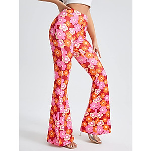 OYOANGLE Women's Floral Print High Waist Yoga Pants Wide Leg Pants Bell Bottom Trousers Orange and Pink S