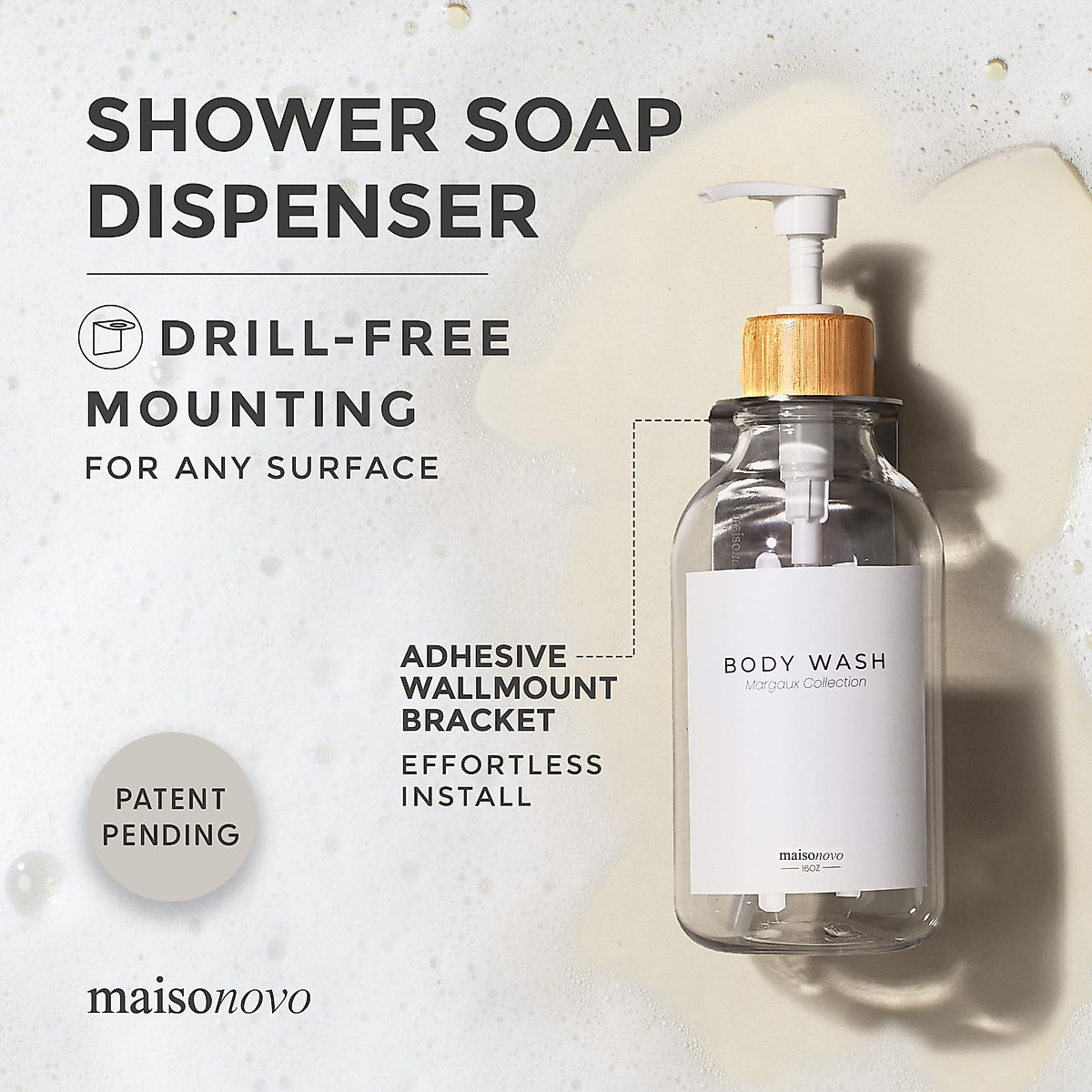 MaisoNovo Shampoo and Conditioner Dispenser - Shower Soap Dispenser Wall Mounted - 16.9 fl oz Set of 3 Clear Plastic Bottles White Bamboo Pump - Shampoo Dispenser, Shower Dispenser 3 Chamber No Drill