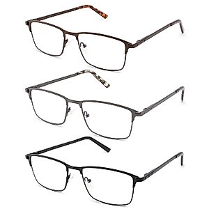 CRGATV 3-Pack Reading Glasses for Men Blue Light Blocking Metal Full Wide Frame Computer Readers Anti UV/Eye Strain/Glare (+2.5 Magnification Strength)