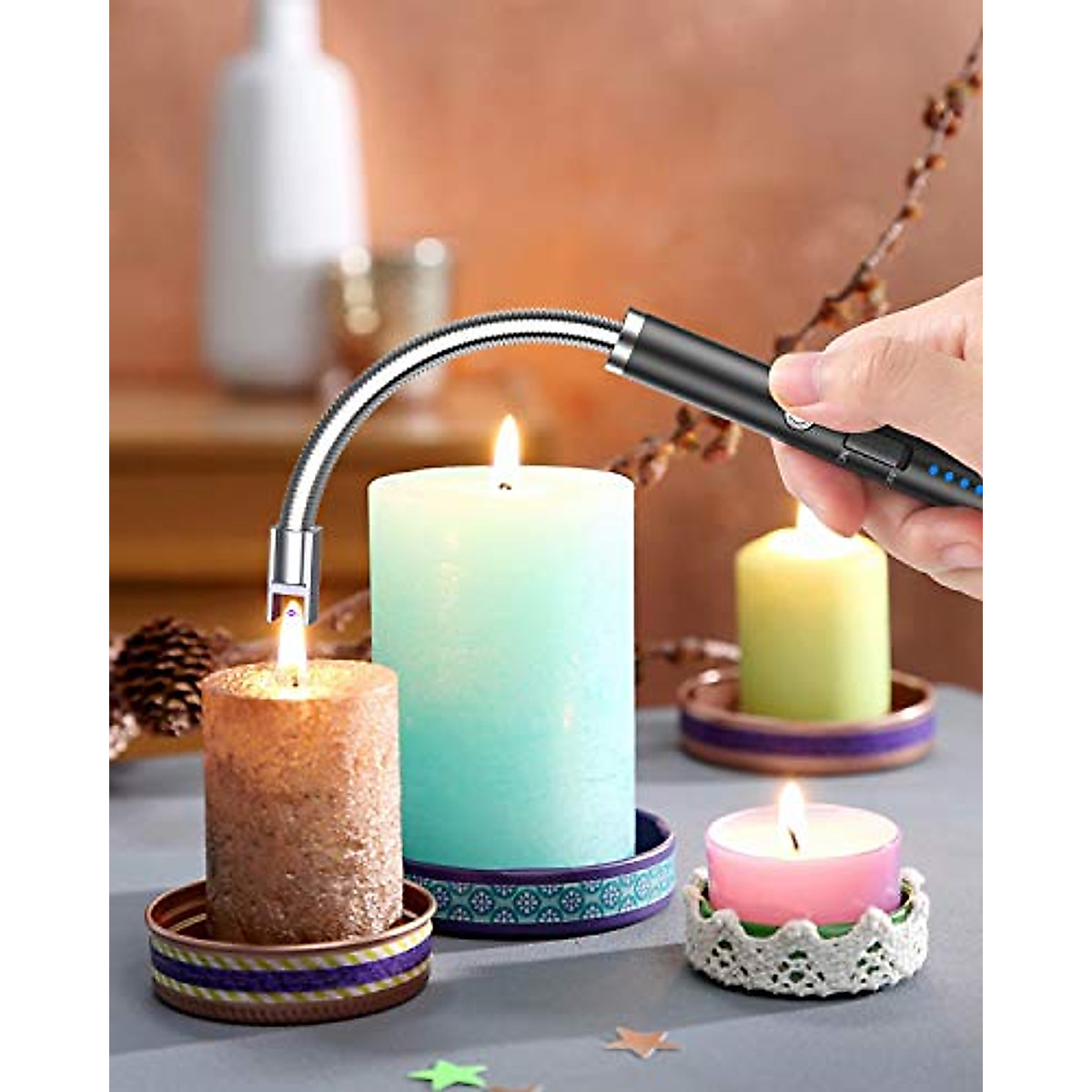 VEHHE Candle Lighter, 2 Pack Rechargeable Electric Lighter with LED Battery Display Safety Switch, Flexible Neck USB Lighter for Candles Camping Grill Gas Stoves Cooking (Black and Blue)