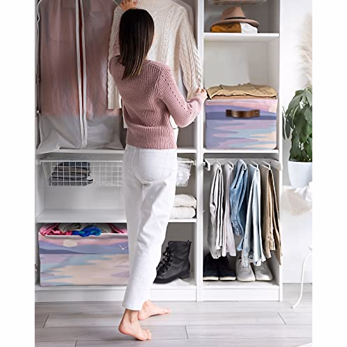 Landscape Storage Bins for Organizing, Decorative Large Closet Organizers with Handles Cubes - 1 Pack Fabric Baskets for Shelves, Closets, Laundry, Nursery, Ocean Sunset Scenery Modern Art Purple