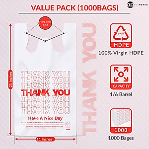 ACYPAPER, Thank You T-Shirt Bags (1000 Count), Plastic - T-Shirt Plastic Bags in Bulk - (11" x 6" x 21") White/Thank You - Bulk Shopping Bags, Restaurant Bag - 1/6 Barrel