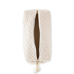 WEDDINGSTAR Small Personalized Velvet Quilted Makeup Bag For Women - Ivory Beige