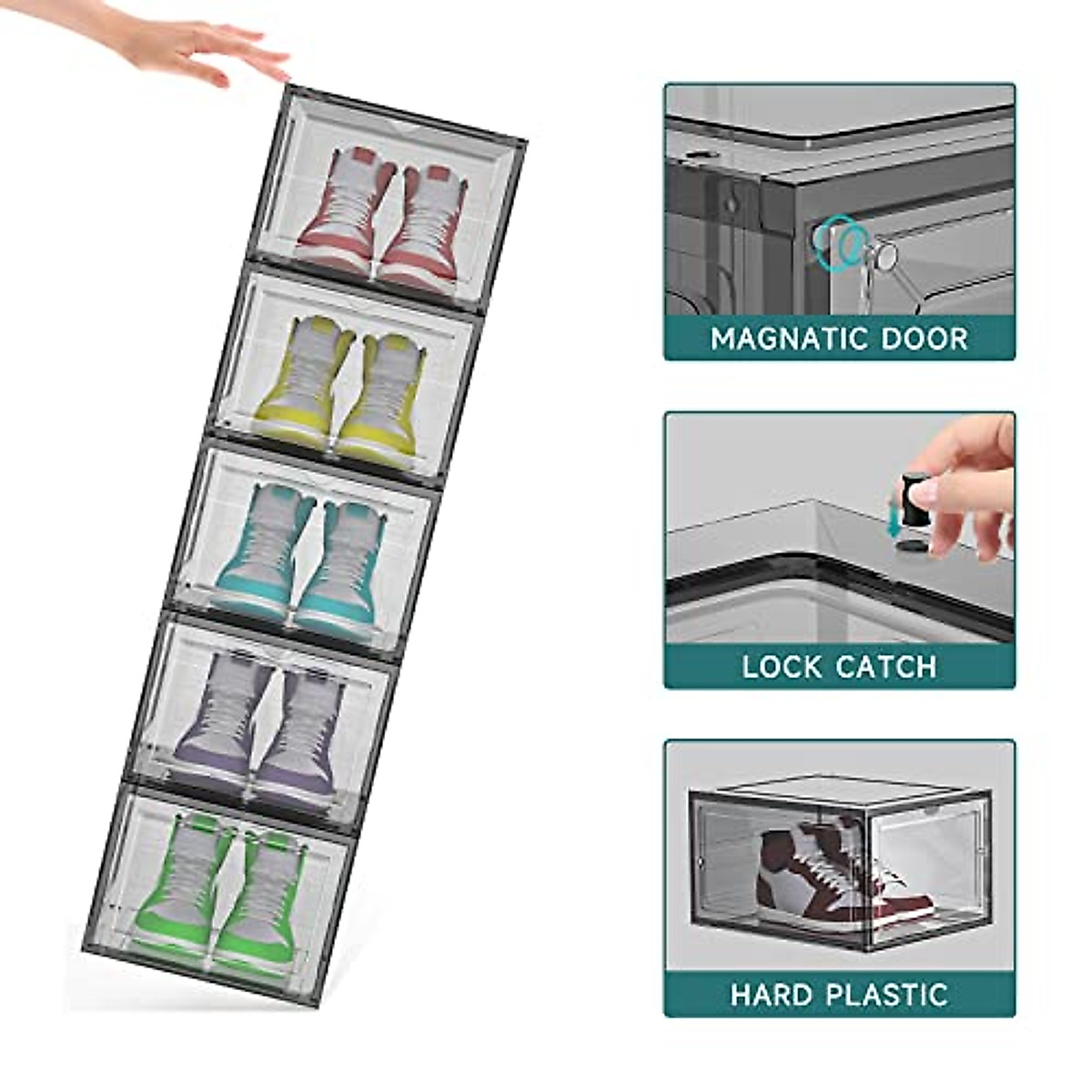 6 Pack Sneaker Storage, Sneaker Boxes Clear Plastic Stackable, Hard Plastic Shoe Storage, Sneaker Storage for Sneakerheads, Drop Front Shoe Box with Lids, Sneaker Containers Fit Up to US Size 12 (13.4"x 10.6"x 7.4")
