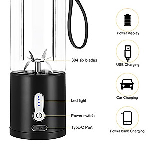 Portable Blender for Shakes and Smoothies, Upgraded 18Oz Portable Blenders with 6 Blades and Type-C Rechargeable, Fruit Veggie Juicer Electric Mini Portable Mixer Cup for Travel Sports Kitchen (Black)