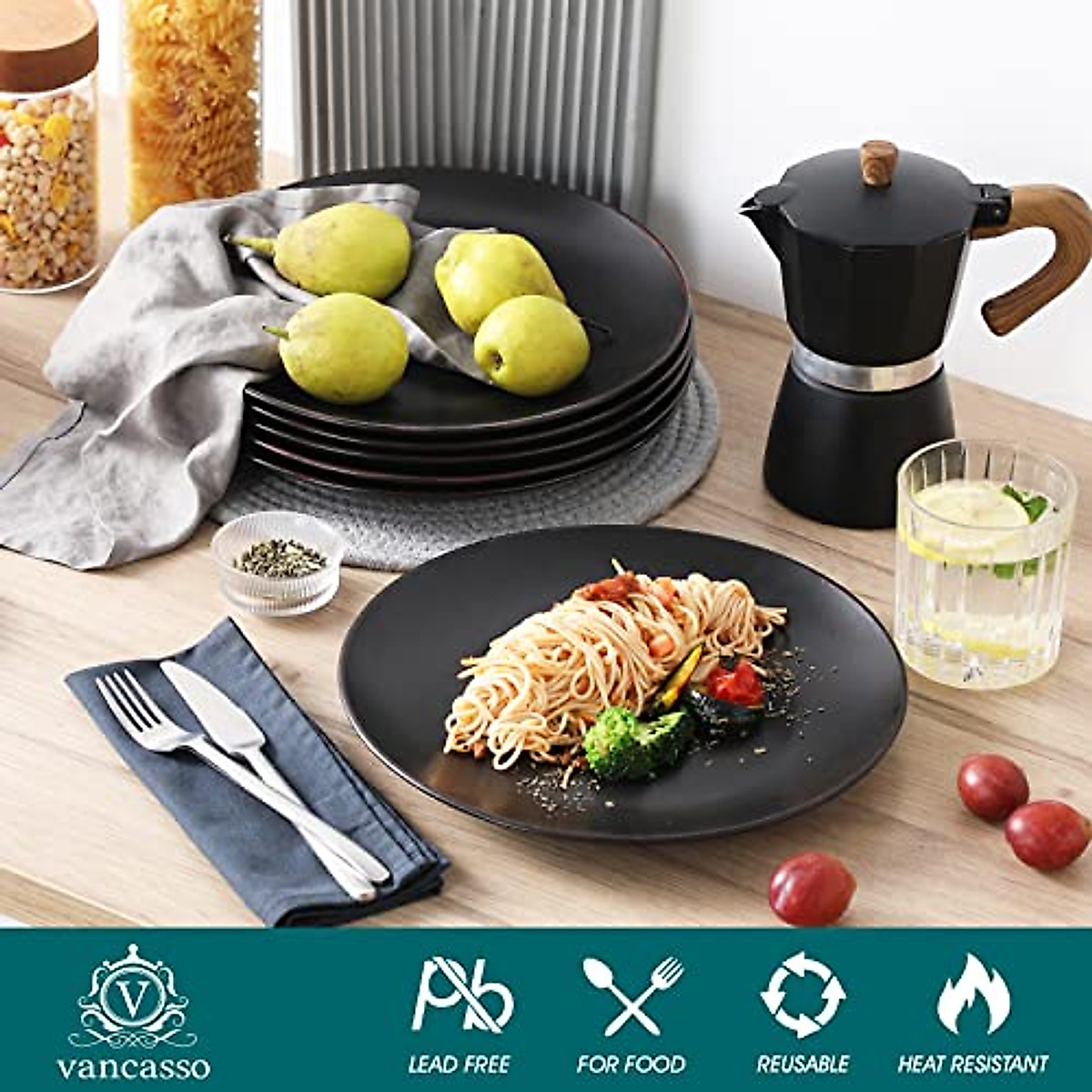 vancasso Moda Dinner Plates Set of 6, 10.5 Inch Ceramic Plates Set, Black Handpainted Big Serving Plate, Microwave Oven and Dishwasher Safe-Black