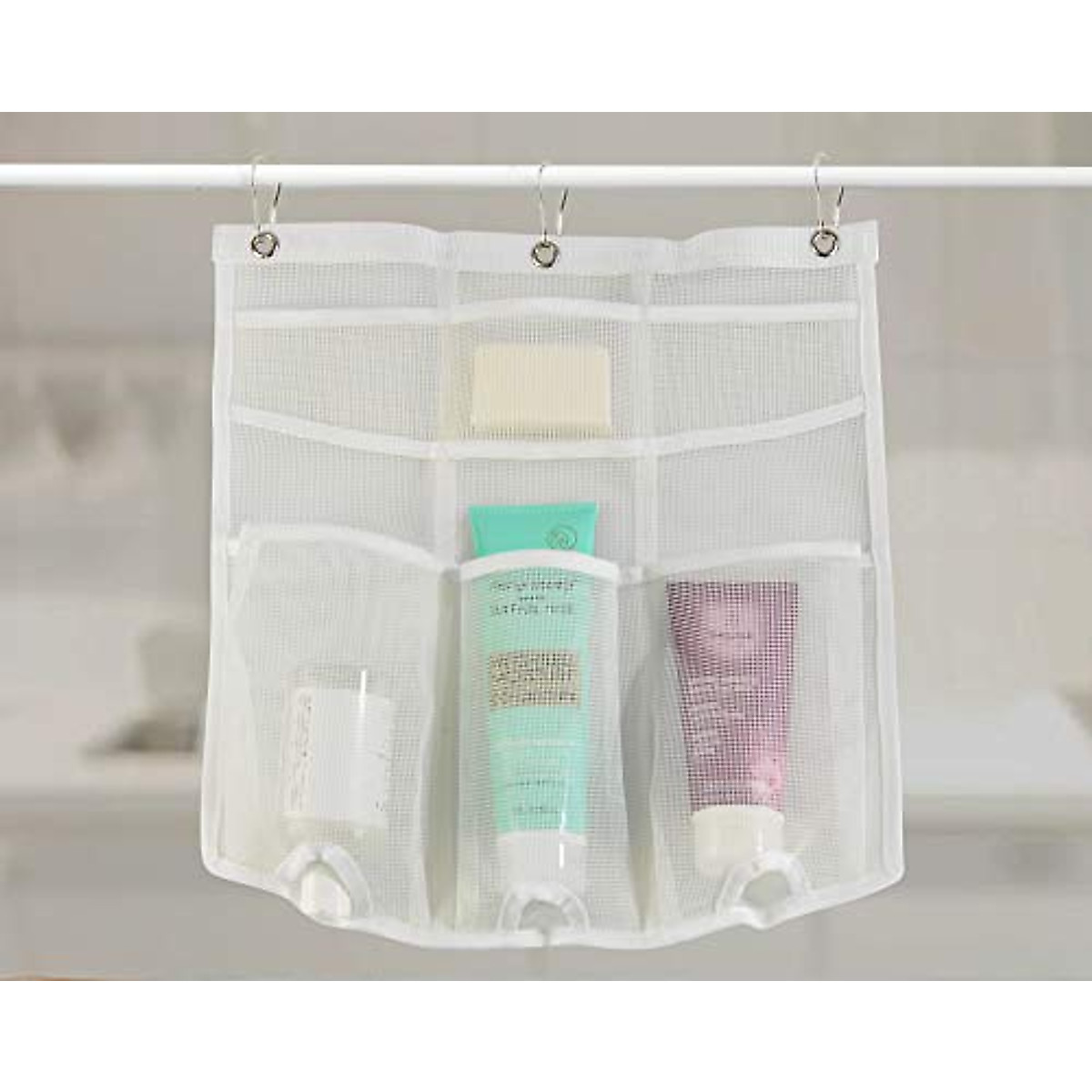 Home-X Hanging Mesh Shower Organizer, Bathroom Shower Organizer for Essentials, Shower Storage Pockets for Shampoo, Conditioner, Soap, and More, 17 ¼" L x 15 ¾" W, White