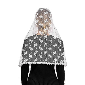 Wgior Embroidered Lace Chapel Veil Infinity Mantilla Veils Catholic Church veil Latin Mass Head Covering Scarf (White)
