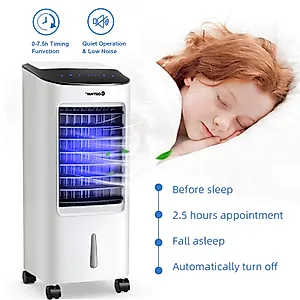 COSTWAY Evaporative Cooler, Portable Cooling Fan with Remote Control, 3-Mode, 3-Speed and 7.5H Timer Function, Include Ice Crystal Boxes, Casters and Water Tank, Bladeless Cooler for Home Office