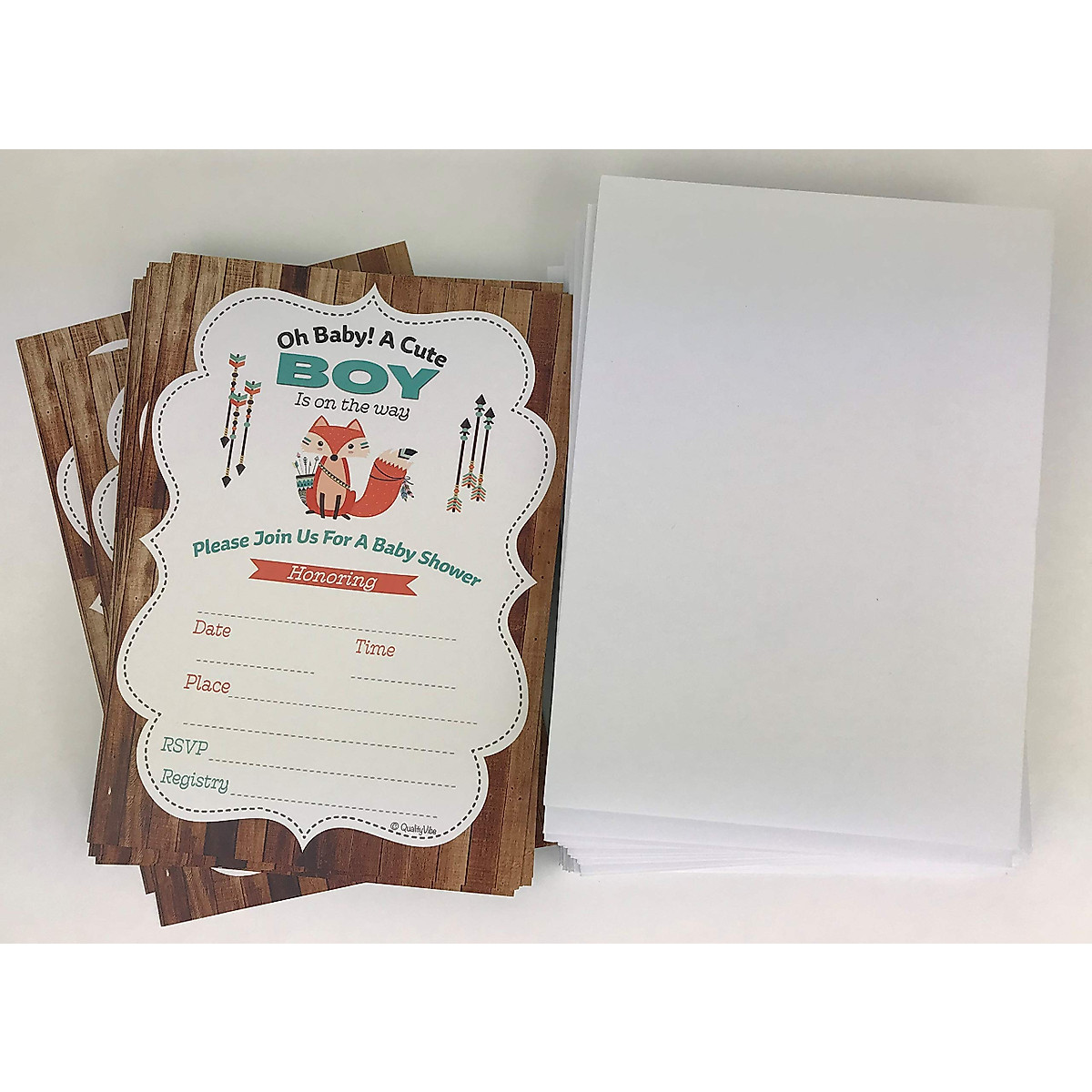 Baby Shower Invitations Woodland, Little Fox for Baby boy Shower. Set of 25 Full Color Invitations Include 25 envelopes. Quality & Heavy 14 pt. Paper Matte 5" x 7" with A7 White envelopes Included.