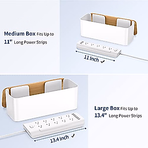 Cable Management Box, Bamboo Lid Cable Organizer Box to Hide Power Strip and Wires, Stylish Cord Wire Organizer Box for Home Office, Set of 2 Cord Hider Box, White