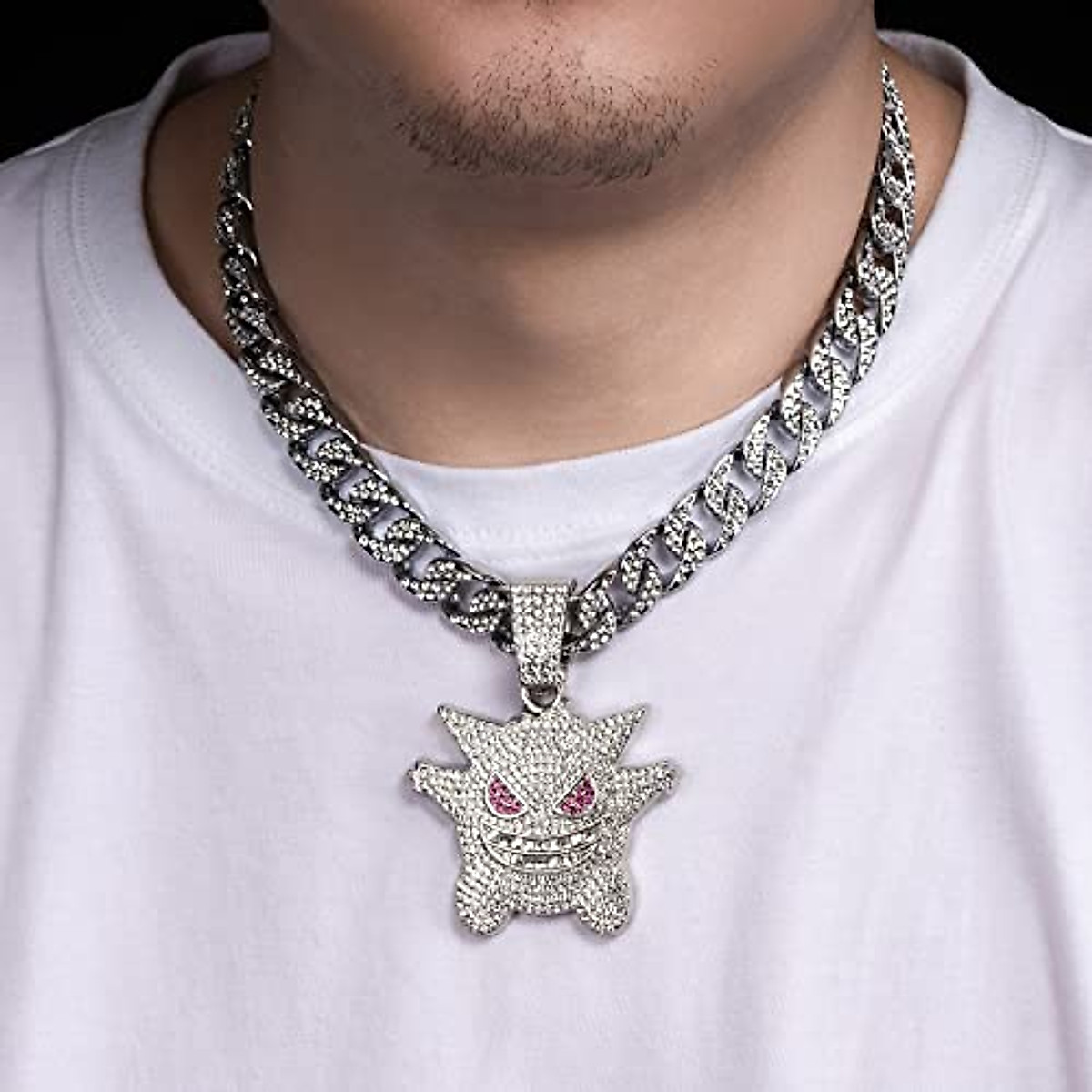 IDRUPACE Miami Mens Cuban Link Chain Silver Gold Plated Bling Cuban Necklace Diamond Chain for Men 13MM iced out chain Hip Hop Jewelry (Silver Chain+Elves Pendant, 18.0 Inches)