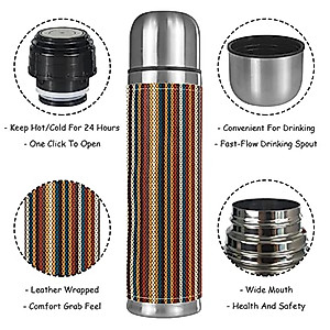 Retro Stripe Boho Stainless Steel Coffee Thermos, Double Walled Insulated Water Bottle for Outdoor Sports, Office, Car (17 OZ/500ML)