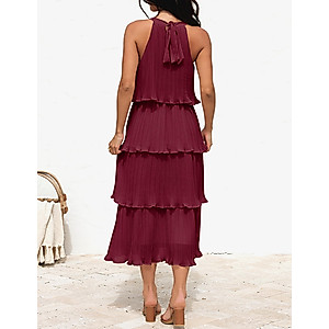 ZESICA Women's 2024 Summer Sleeveless Halter Neck Ruffle Tiered Layed Chiffon Flowy Swing Long Midi Dress,Wine,Medium