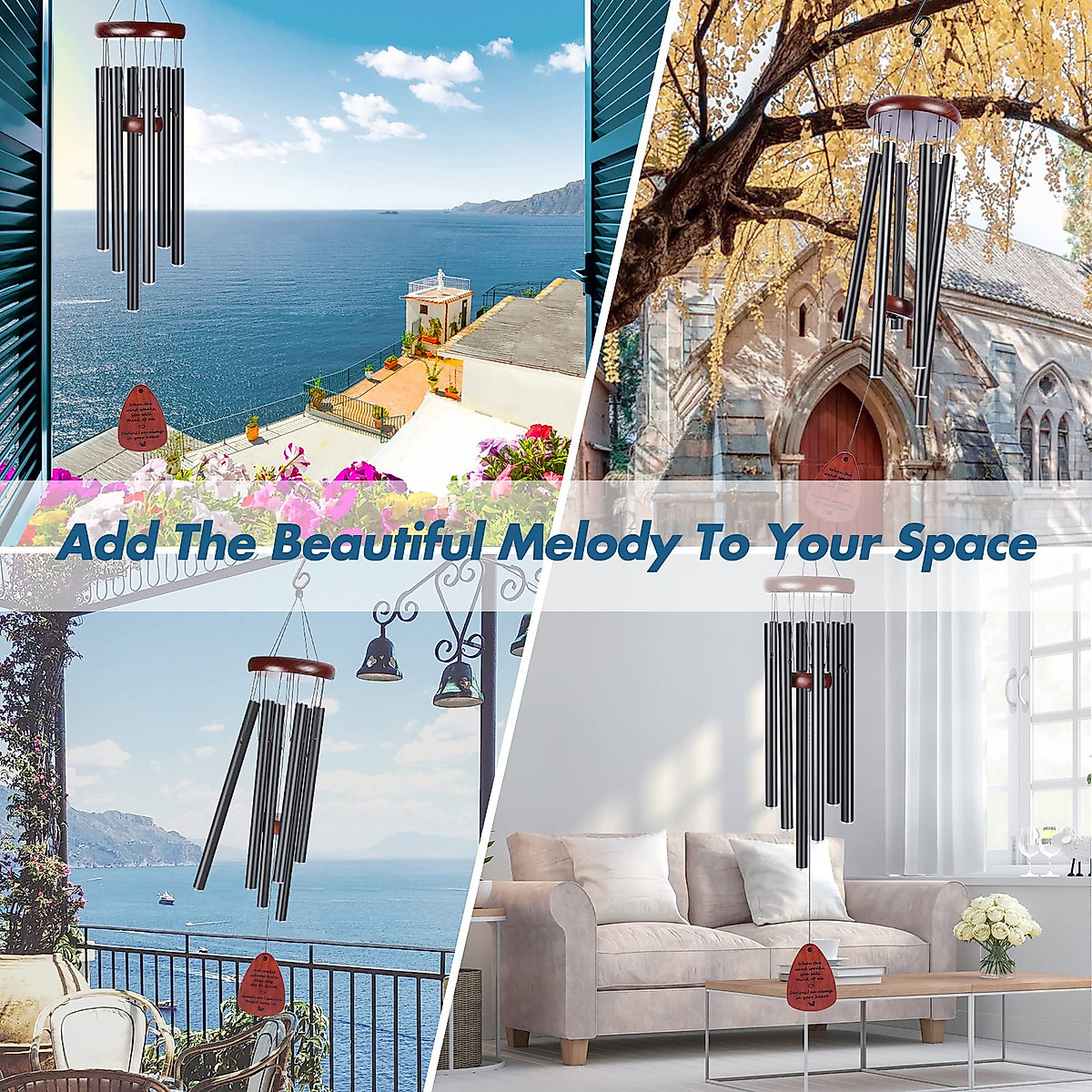 Large Aluminium Wind Chimes for Outside Soothing Melodic Deep Tones Windchimes Atmosphere for Outdoor Memorial Home Garden Patio Decoration for Unisex Big Wind Chime, Black