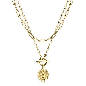 Turandoss Gold Initial Necklaces for Women, 14K Gold Plated Dainty Layering Paperclip Link Chain Necklace Personalized Coin Pendat S Initial Necklaces for Women Gold Jewelry Gifts