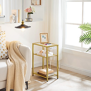 HOOBRO End Table with Charging Station, 3-Tier Side Table, Nightstand with USB Ports & Outlet, Sofa Table with Storage Shelves, Tempered Glass, Modern Style, for Living Room, Bedroom, Gold GD57UBZ01