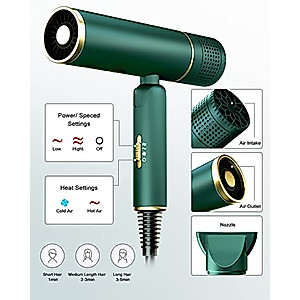 7MAGIC Fast-Drying Hair Dryer, Foldable, with Storage Bag for Travel, Lightweight Portable Hairdryer for Women & Men, Negative Ionic Hair Blow Dryer, 2 Heating/Cold/2 Speed Settings, Green