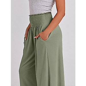 ANRABESS Women Palazzo Pants Summer Boho Bagyy Wide Leg High Smocked Waist Casual Loose Lounge Pant with Pocket Olive X-Large