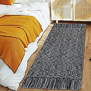 Boho Kitchen Runner Rug 2x4.3, 100% Cotton Hand-Woven Washable Rug with Tassels Modern Farmhouse Bathroom Rug for Bedroom Laundry Kitchen Hallway Entryway, Black