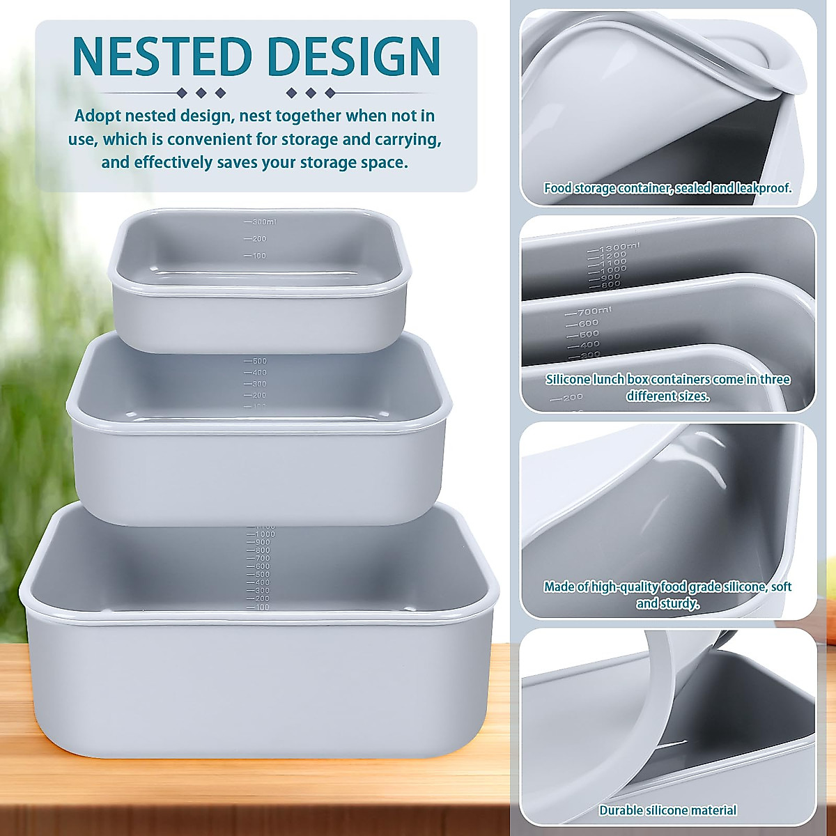 LeonBach Silicone Food Storage Containers, Set of 3 Rectangular Silicone Bento Lunch Boxes with Lids, Leak Proof, Dishwasher, Microwave, Freezer Safe (10oz, 24oz, 44oz)