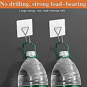 KAKAMINA 20 Pack Large Adhesive Hooks 44Ibs(Max), Large Size Wall Hooks for Hanging Heavy Duty, Transparent Wall Hangers Waterproof and Rustproof for Bathroom,Kitchen Home and Office