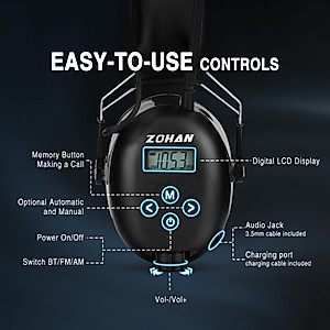 ZOHAN 033 Bluetooth AM/FM Radio Headphones with 2000mAh Rechargeable Battery,25dB NRR Noise Reduction Safety Earmuffs