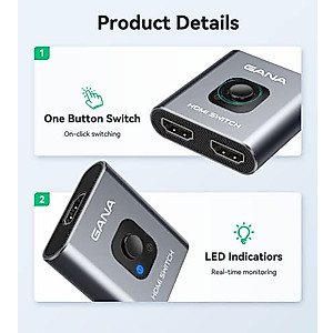 HDMI Switch 4k@60hz Splitter, GANA Aluminum Bidirectional HDMI Switcher 2 in 1 Out, Manual HDMI Hub Supports HD Compatible with Xbox PS5/4/3 Blu-Ray Player Fire Stick Roku