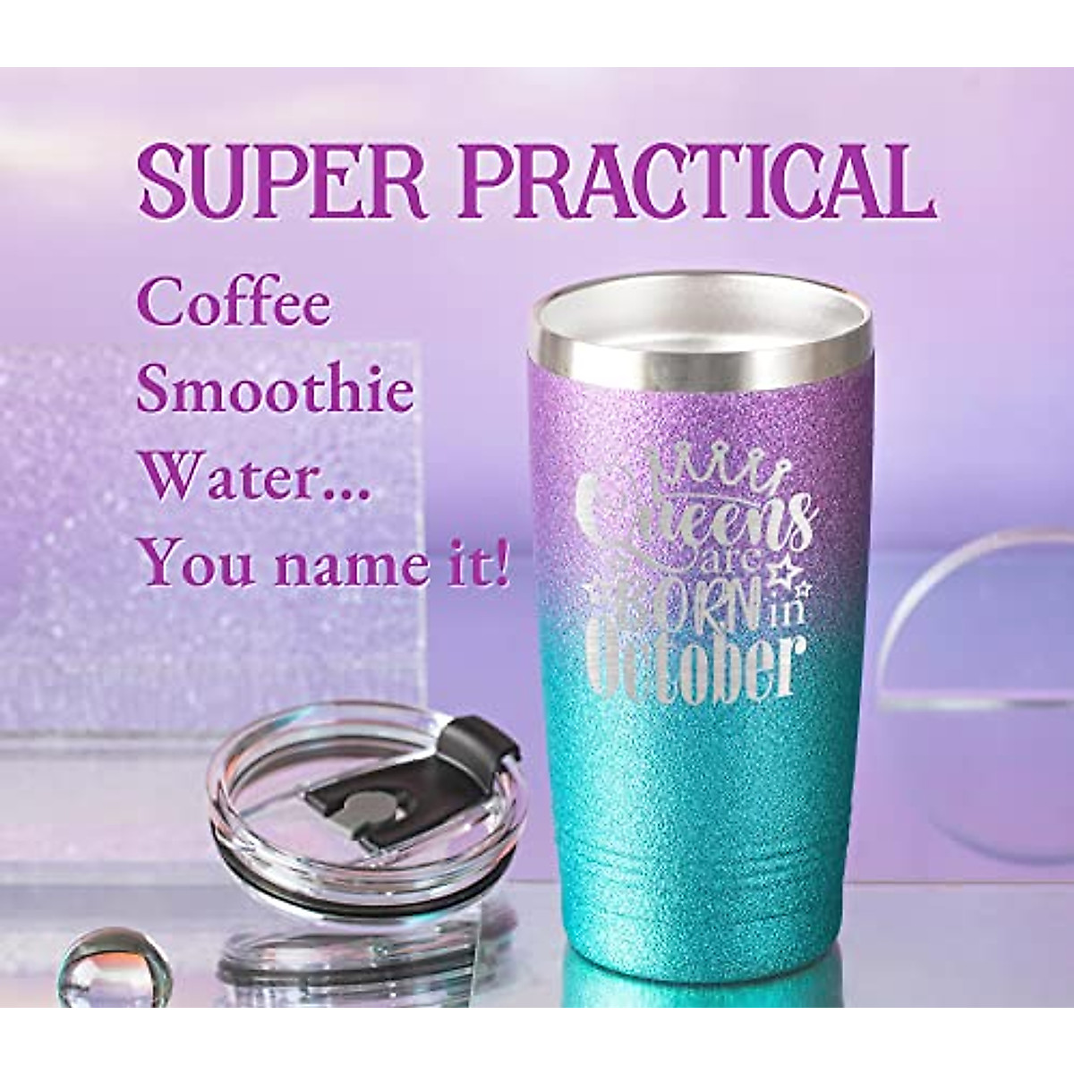 Onebttl Birthday Gifts for Women, Happy Birthday Tumbler for Her, Friends, 20 oz Insulated Cup with Funny Socks, Glitter Purple, Queens are Born in October