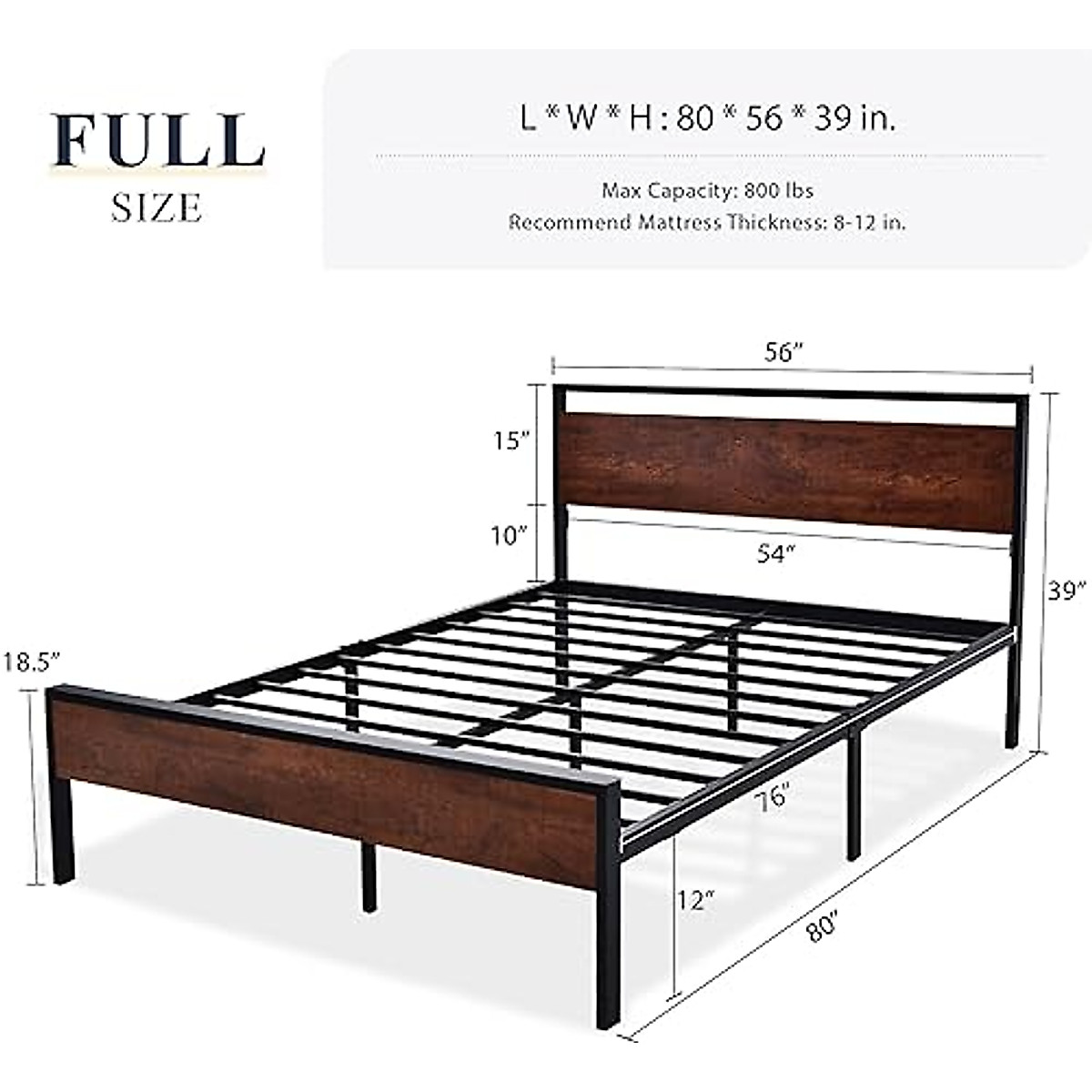 Allewie Full Size Platform Bed Frame with Wooden Headboard and Footboard, Heavy Duty 12 Metal Slats Support, No Box Spring Needed, Under Bed Storage, Non-Slip, Noise Free, Easy Assembly, Mahogany