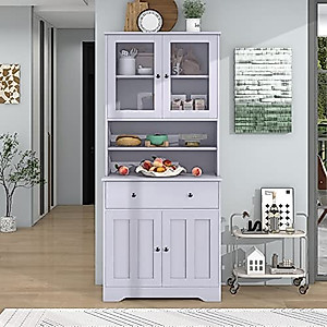 70.9" Freestanding Kitchen Pantry, Kitchen Cupboard Storage Cabinet with Glass Doors and Large Drawer Tall Pantry Cabinet Cupboard with Adjustable Shelves for Dining Room, Living Room, Antique White