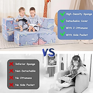 MAMIZO Kids Sofa Couch, Modular Toddler Couch Dinosaur Glow in Dark, Fold Out Play Plush Foam Chair, with 2 Ottomans 1 Side Pocket Soft Furniture Indoor Playroom Nursery Boys Girls