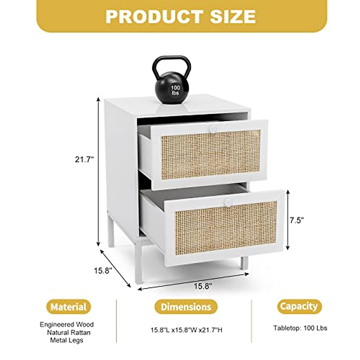 IKIFLY Rattan Nightstand Set of 2, Farmhouse Boho End Side Table with 2 Handmade Rattan Drawers, Wood Accent Bedside Table with Storage for Bedroom, Living Room - White