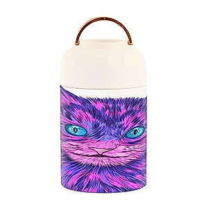 CUPADA Purple Cat Face Food Jar, Cute Animal Insulated Hot Food Jars Vacuum 17OZ with Folding Spoon for Work Trip Picnic Camping