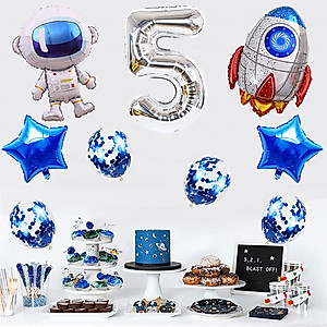 Kawailay Astronaut Rocket 5th Birthday Party Balloons Jumbo Spaceman Birthday Balloons Outer Space Theme Foil Balloons 32 Inch Silver Number 5 Helium Balloon for Birthday Party