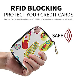 Colorful Flip Flops Beach Sandals On White Grey Credit Card Coin wallet, RFID Blocking Compact Women Leather Card Holder, Key Change Organizer, Zipper Purse Clutch Pouch Pocket