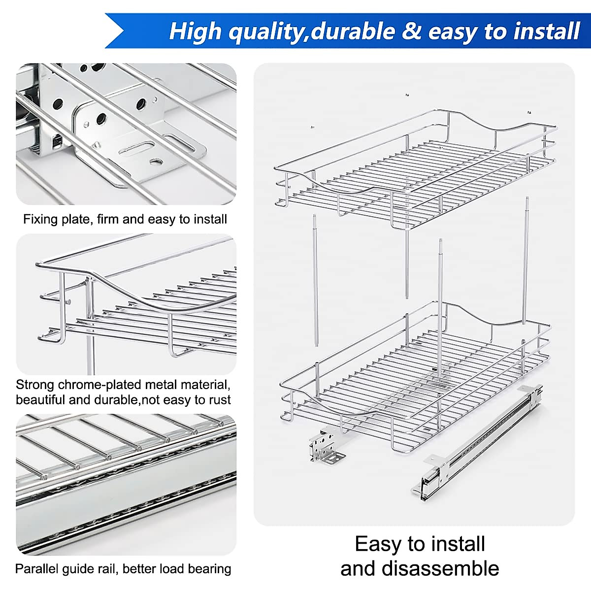 Fulgente Chrome Finish Pull Out Drawer Cabinet Organizer, Professional Wire Frame 2 Tier Heavy Duty Slide Out Kitchen Cabinet Storage Shelves, Sliding Pantry Shelf Bathroom 11"W x 21"D x 15.12''H
