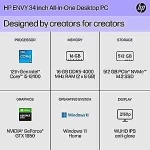 HP Envy 34” All-in-One Desktop, NVIDIA GeForce GTX 1650, 11th Gen Intel Core i7-11700 Processor, 32 GB RAM, 512 GB SSD, WUHD IPS Display, Windows 11 Home, Detachable Magnetic Camera (34-c0010, 2021)
