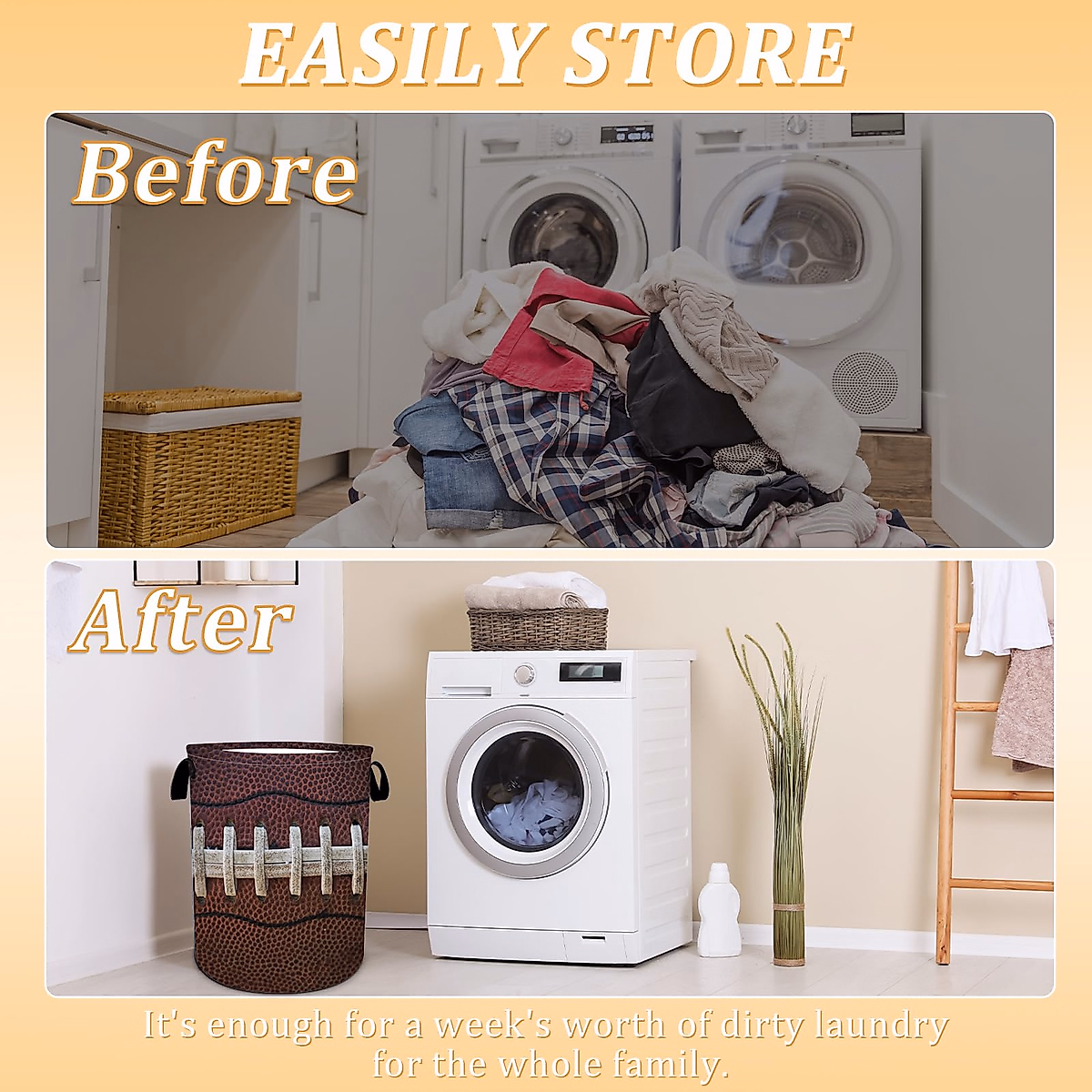 American Football Texture Laundry Basket, Sports Theme Laundry Hamper Foldable Waterproof Funny Tote Bag Dirty Clothes Storage Bucket Toy Organizer for Bathroom/Laundry/Bedroom 15.7"x19.6"