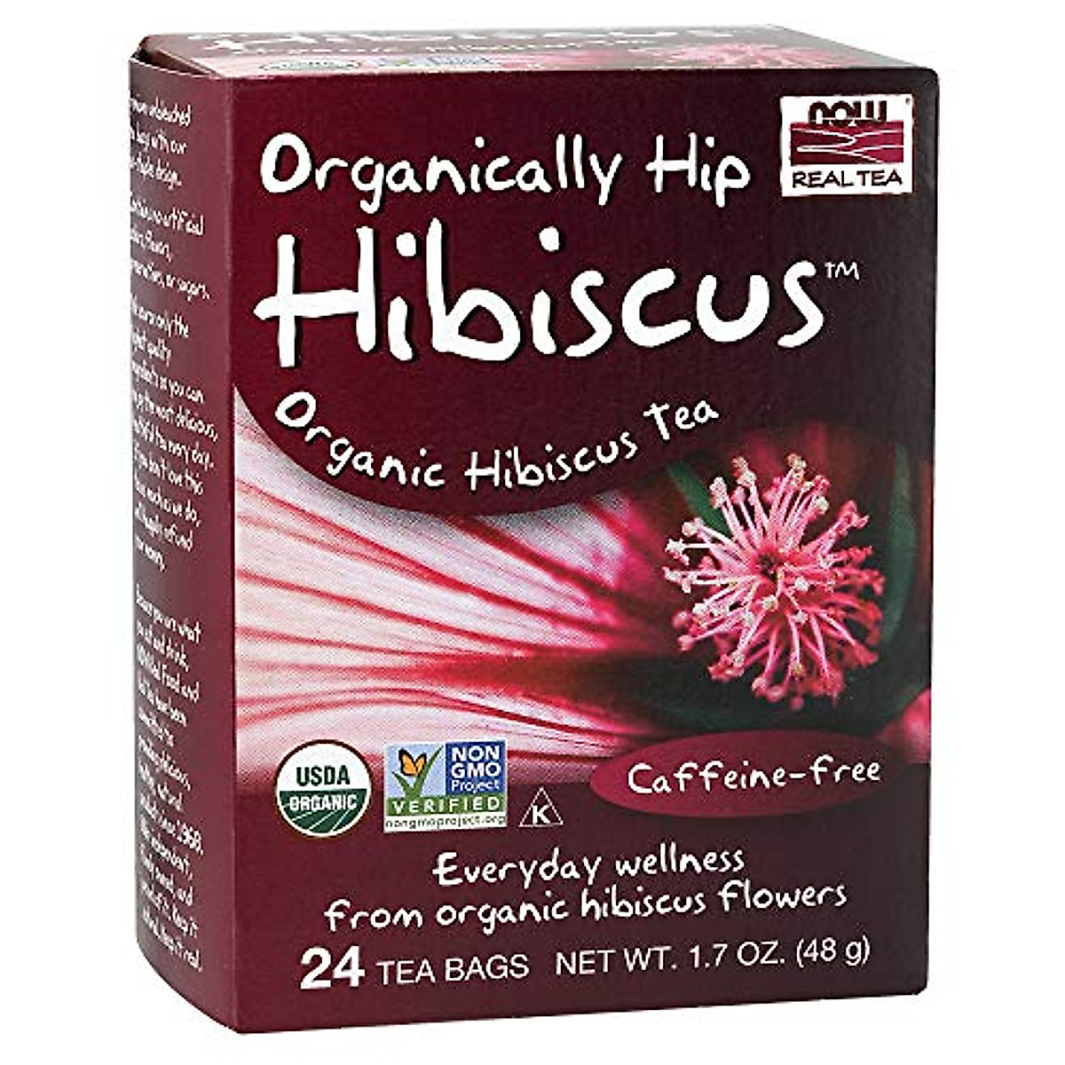 NOW Foods, Organically Hip Hibiscus™ Tea, Caffeine-Free, Non-GMO, No Added Colors, Preservatives or Sugars, Premium Unbleached Tea Bags with our No-Staples Design, 24-Count