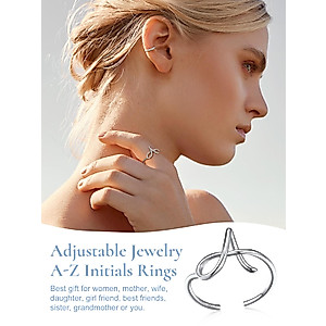 SILVERCUTE Cute Silver Initial Ring Open Adjustable Women Stackable Rings|925 Sterling Silver A-Z 26 Letters Initial Name Rings for Women(Alpahbet A)