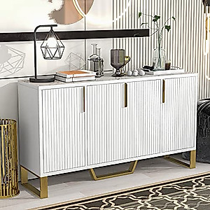 XD Designs Modern Luxury 60'' Large Storage Cabinet with Gold Metal Handles & Legs, Kitchen Buffet Cabinet Console Entryway Table with Adjustable Shelves for Living Room Kitchen (White-F)