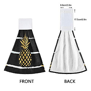 Yellow Gold Golden Glitter Pineapple On White Black Stripes 2 Pcs Hanging Kitchen Hand Towels, Hanging Tie Towels with Hook & Loop Dishcloths Sets, Decorative Absorbent Tea Bar Bath Hand Towel