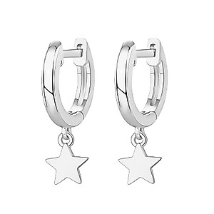 PAVOI 14K White Gold Plated 925 Sterling Silver Post Huggie With Dangle | Small Gold Hinged Hoop Earrings For Women | Trendy Star Dangle Hoop Earrings | Huggie Earrings