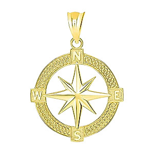 14K Yellow Gold Nautical Compass Charm Pendant - Choice of Metal