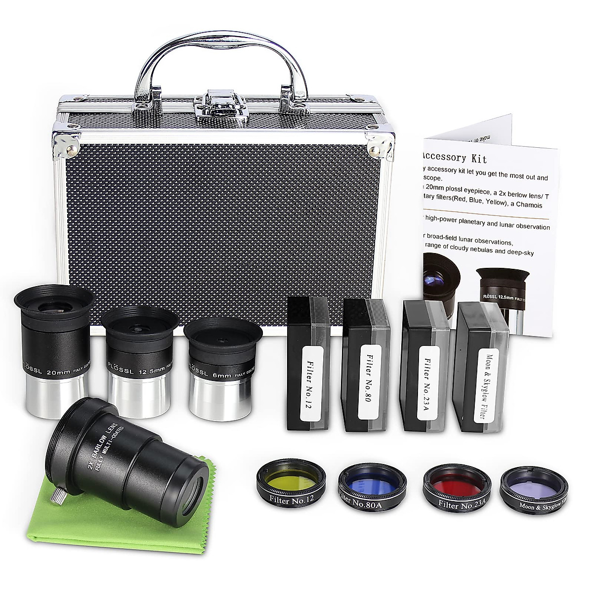 Celticbird Astronomical Telescope Accessory Kit - with 3pcs Plossl Eyepieces Set, 4pcs Filter Set, a 2X Barlow Lens