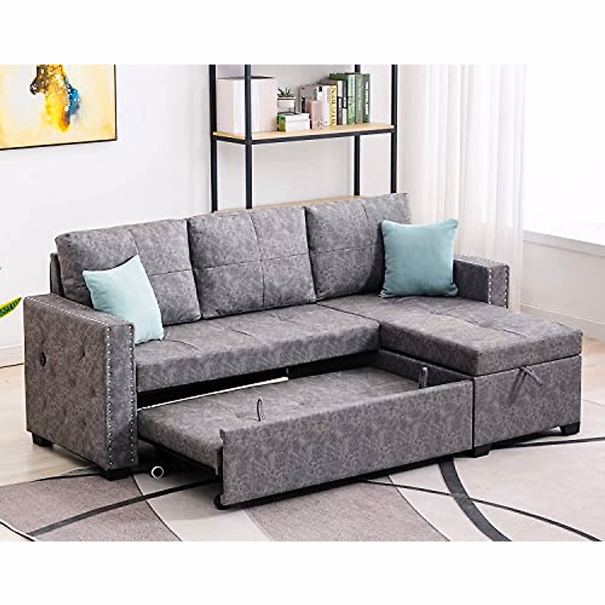 Lifeand Convertible Shaped 84" L 3-Seat Sectional Sofa with 2 USB Charger, Storage Chaise, Sleeper Independent Use as Coffee Table, Gray